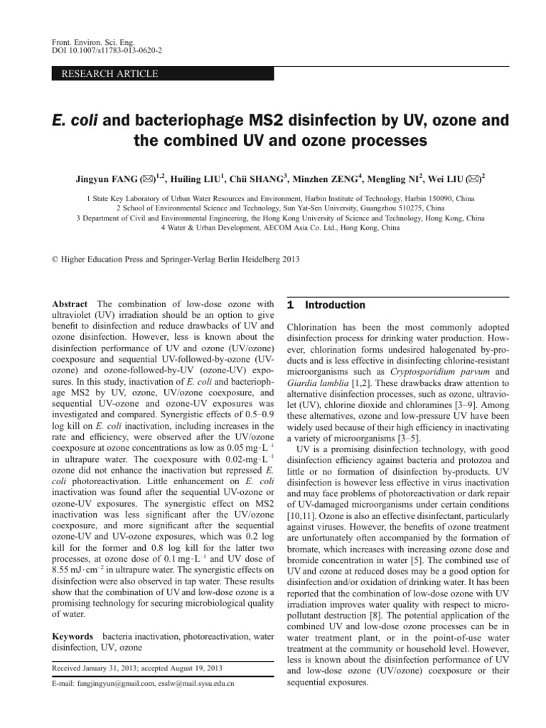 E. Coli and Bacteriophage MS2 Disinfection by UV, Ozone and | PDF | Ozone | Disinfectant