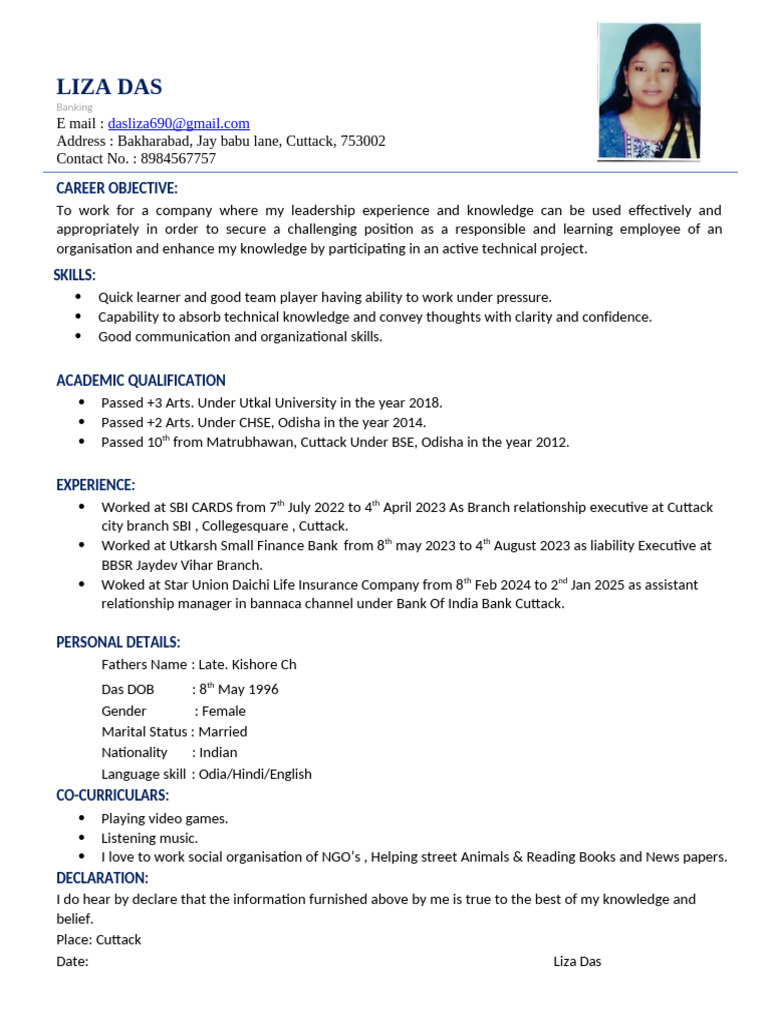 Liza Das - Banking Professional Resume | PDF