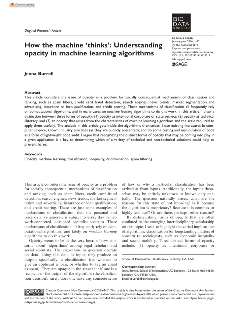 BURREL - How the machine 'thinks'. Understanding opacity in machine learning algorithms | PDF ...