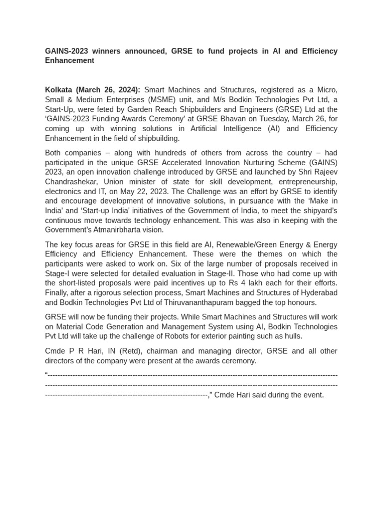 GRSE Press Release GAINS-2023 Winners | PDF