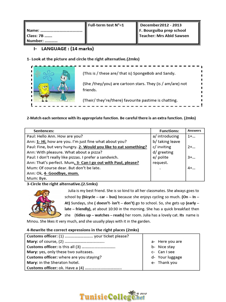 Devoir de Synthèse N°1 - Anglais - 7ème (2012-2013) Mme Sawsen Abid | PDF | Lunch | Cuisine