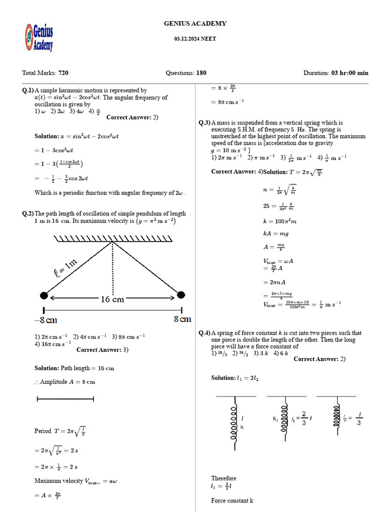 NEET Solution | PDF | Oscillation | Force