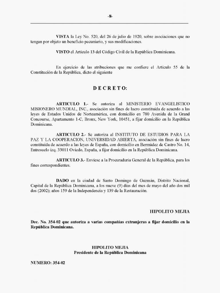Decreto Autoriza Domicilio A Monte Rio Power Corporation | PDF ...