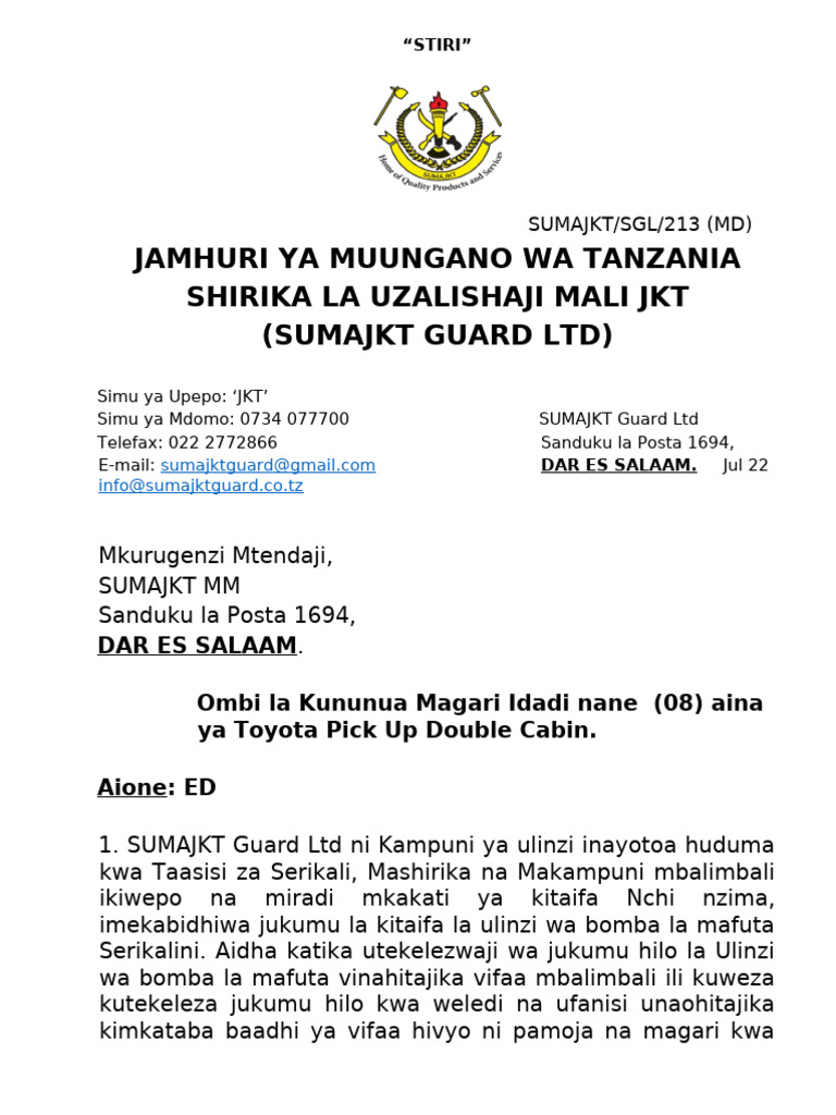 Jamhuri Ya Muungano Wa Tanzania Shirika La Uzalishaji Mali JKT (Sumajkt ...