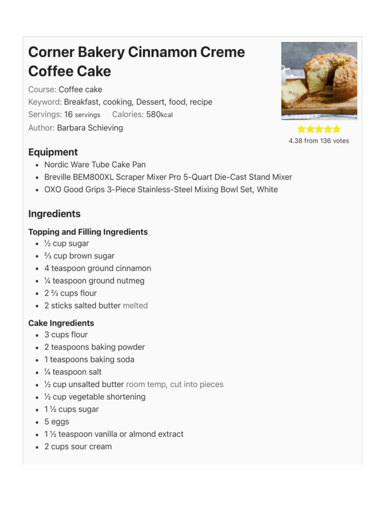 Corner Bakery Cinnamon Creme Coffee Cake - Barbara Bakes™ | PDF | Cakes ...