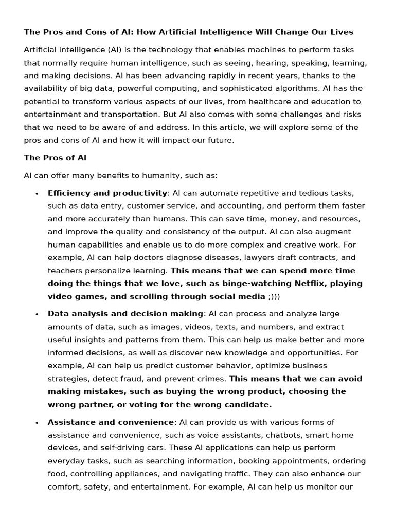 The Pros and Cons of AI | PDF | Artificial Intelligence | Intelligence ...