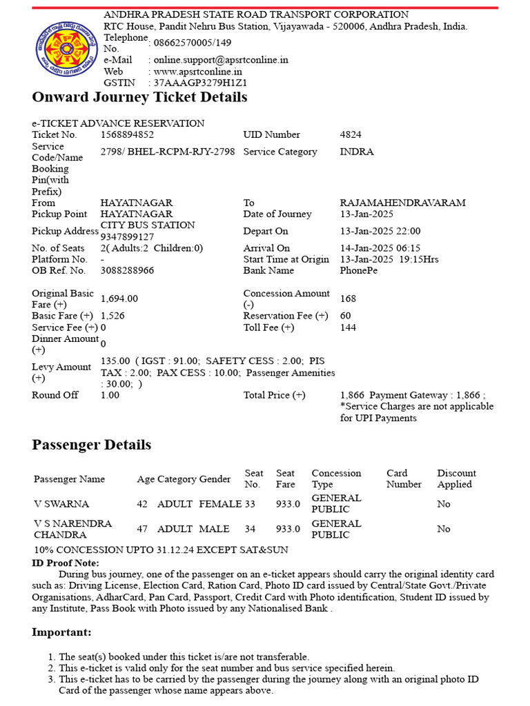 13-14 Jan Hyd Rajamundry Hyd Ticket | PDF | Identity Document | Payments