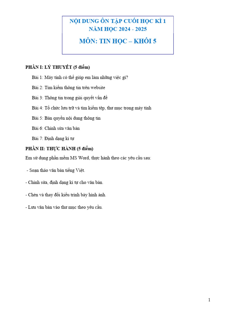 Tin Học - khoi 5 - Noi Dung on Tap Hk1!24!25 | PDF