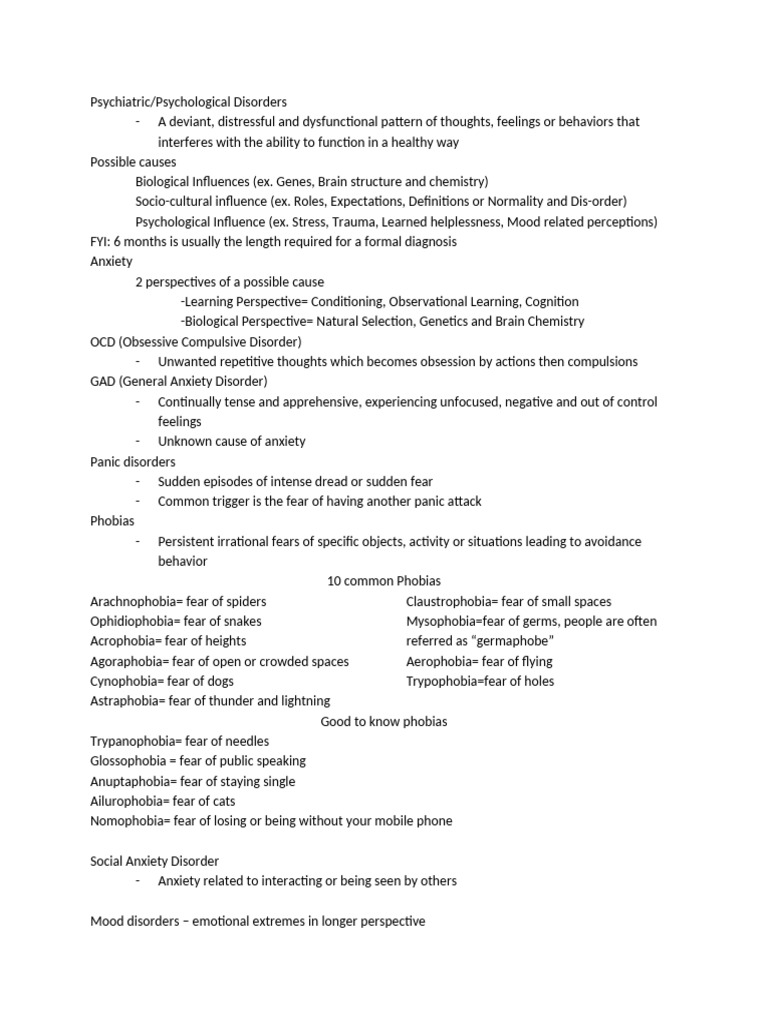 Psychiatric Disorders Supplemental Notes | PDF | Fear | Mental Disorder
