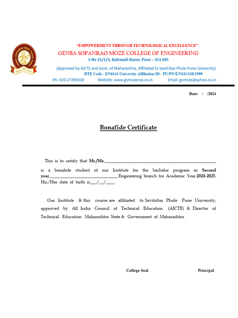 Bonafide Certificate for Engineering Students | PDF