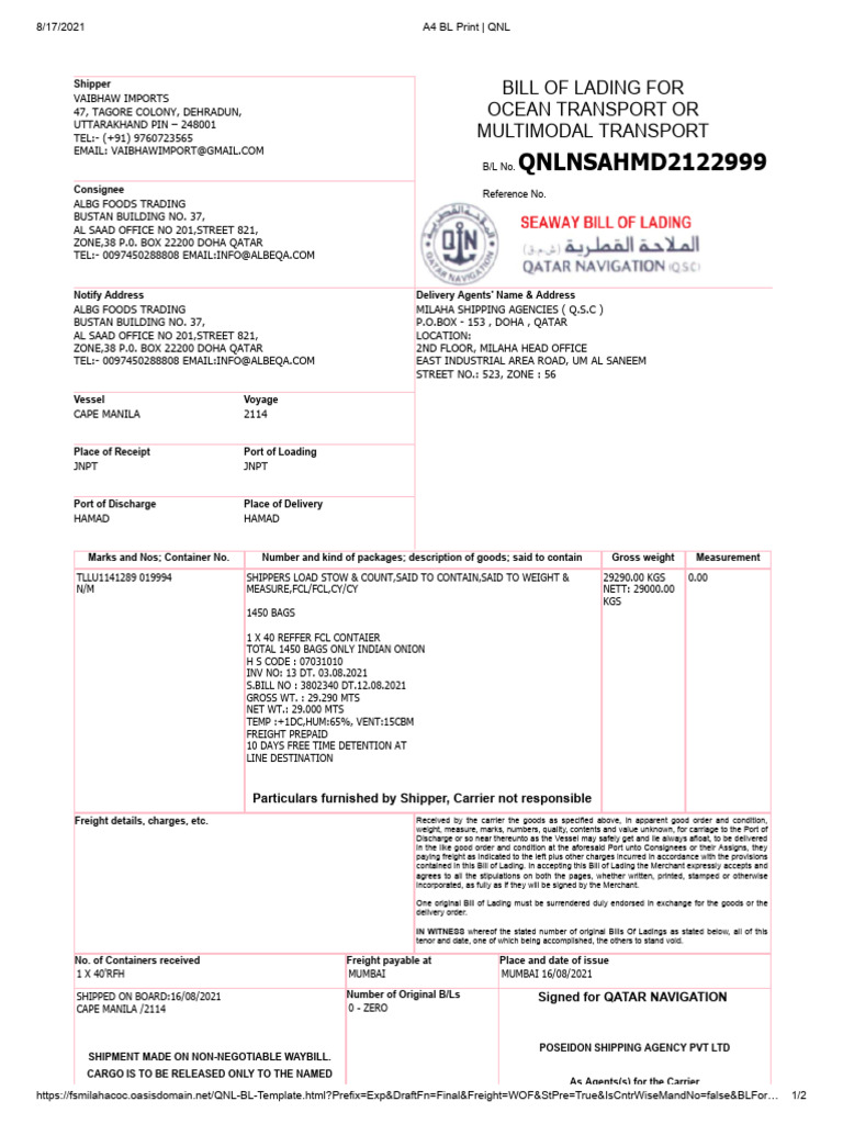 BL | PDF | Bill Of Lading | Cargo