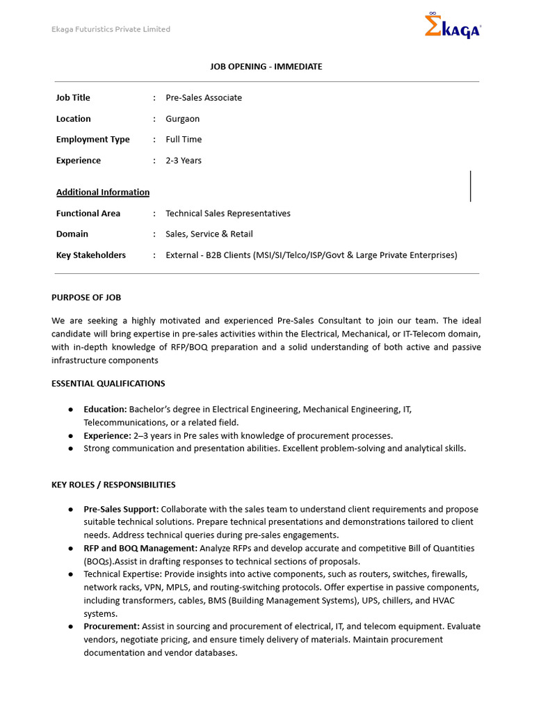 JD - Pre Sales Associate | PDF | Request For Proposal