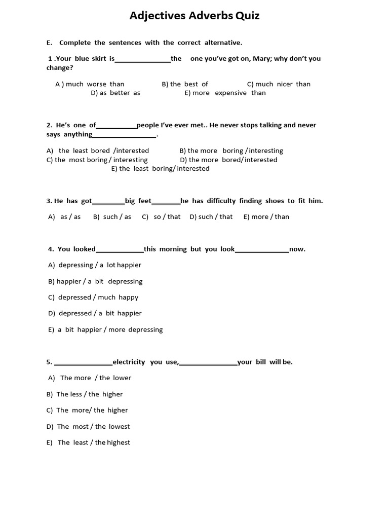 Adjectives and Adverbs Quiz | PDF