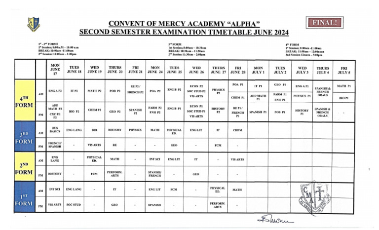 CMA Second Semester Timetable June 2024 - Final | PDF