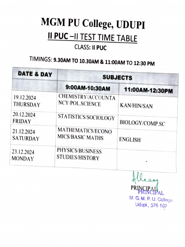 IIPUC SecondTest Timetable | PDF