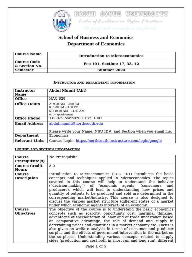 Eco 101 Syllabus: Microeconomics Course | PDF | Microeconomics | Economics
