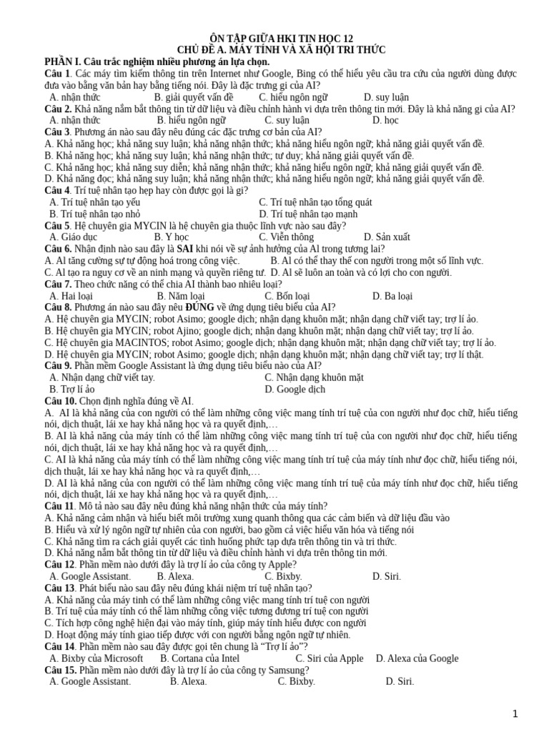 Ôn Tâp Gki Tin Hoc 12 HS | PDF