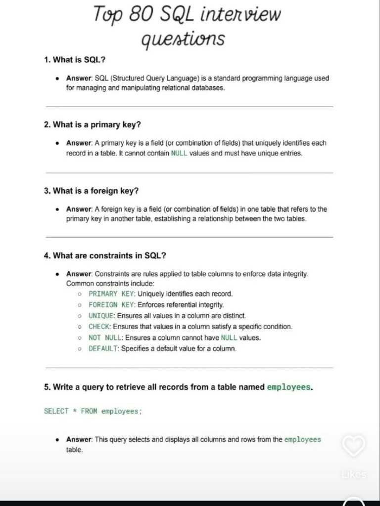SQL Top 80 Interviews Questions | PDF