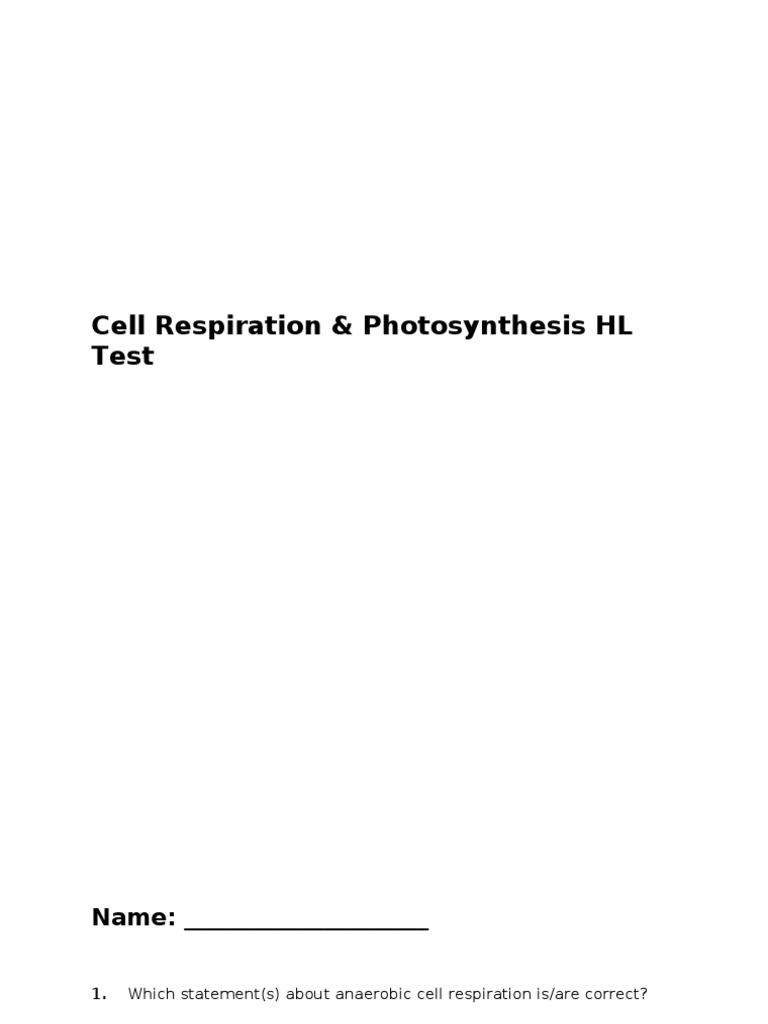 Photosynthesis & Cellular Respiration Test | PDF | Cellular Respiration ...