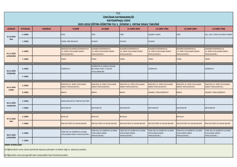 2023-2024 - 1. Dönem 1. Ortak Sinav Programi | PDF