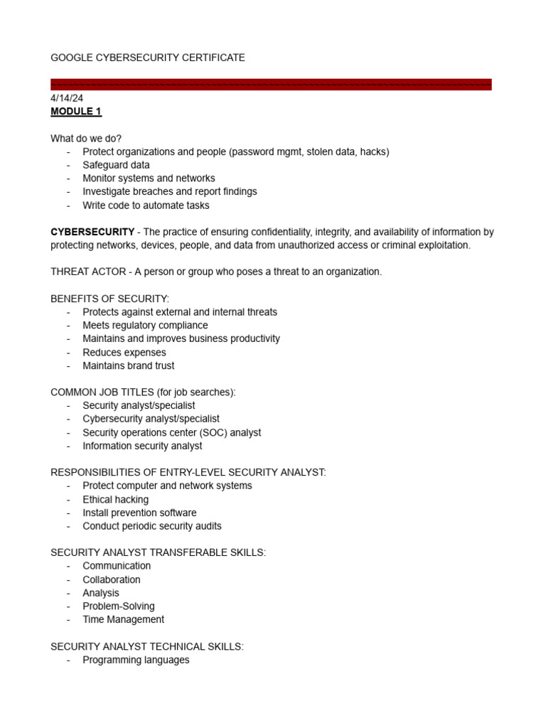 Google Cybersecurity Certificate - COURSE 1 NOTES | PDF | Information ...