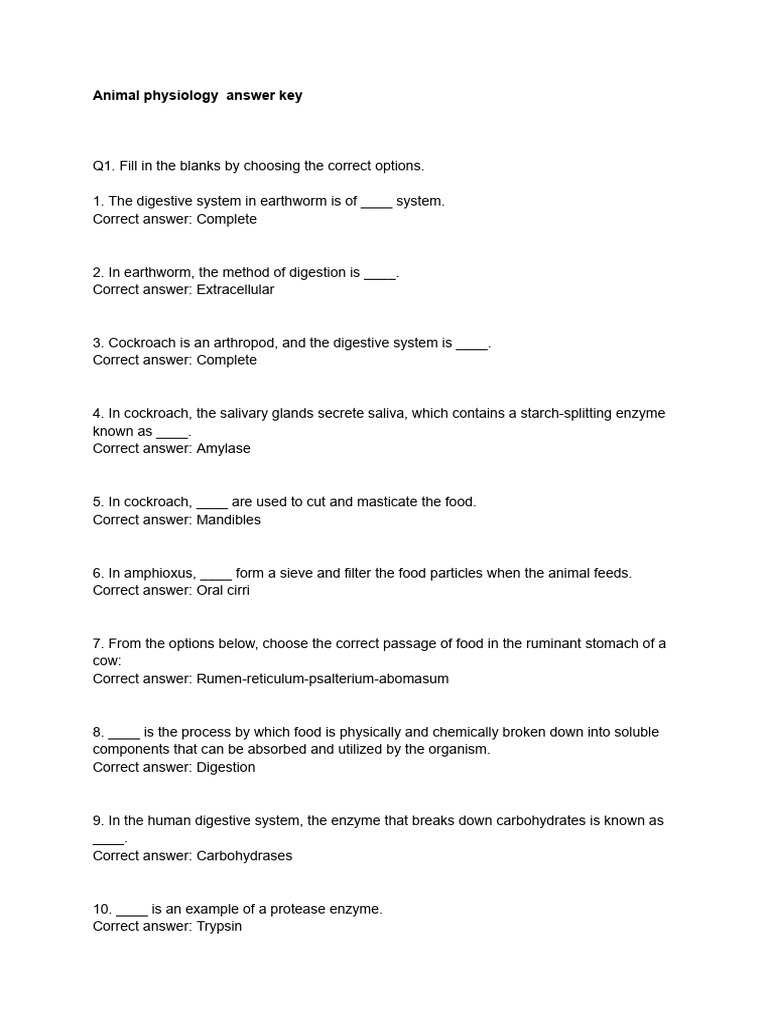 Animal Physiology Answerkey | PDF | Digestion | Kidney