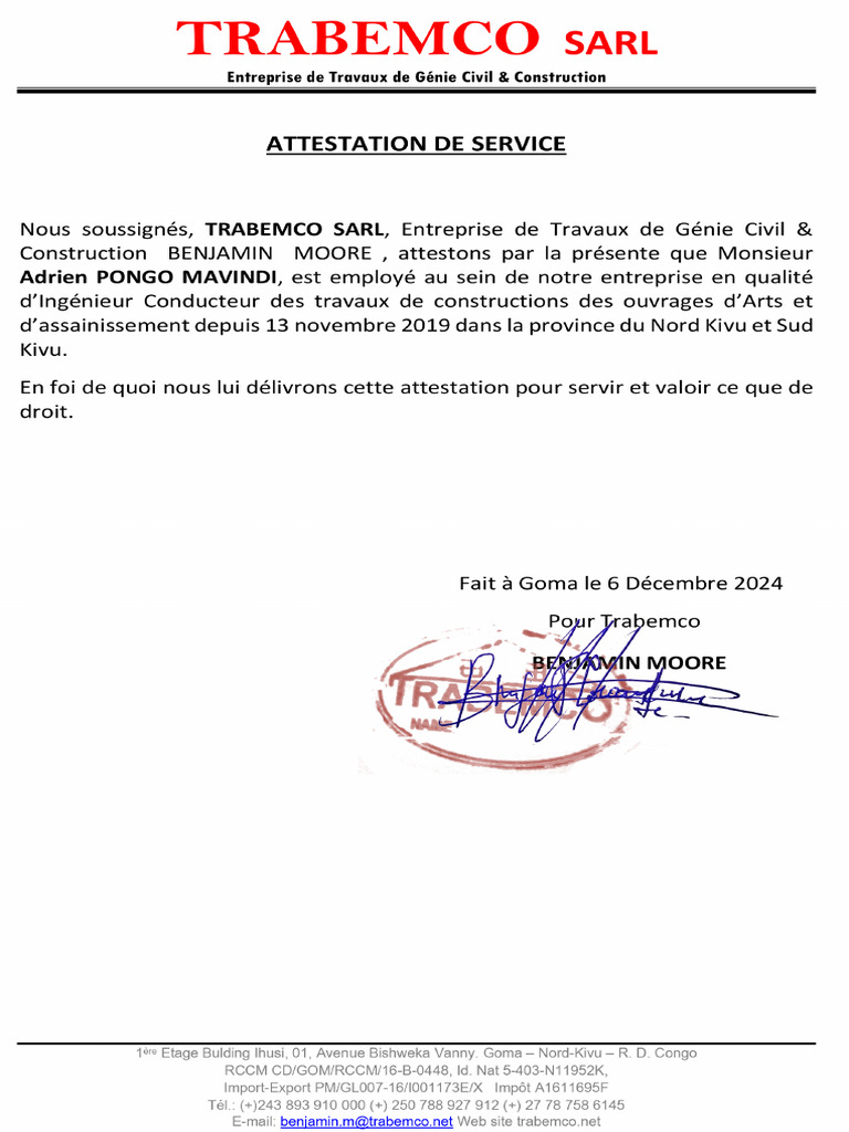 Attestation de Service Trabemco | PDF