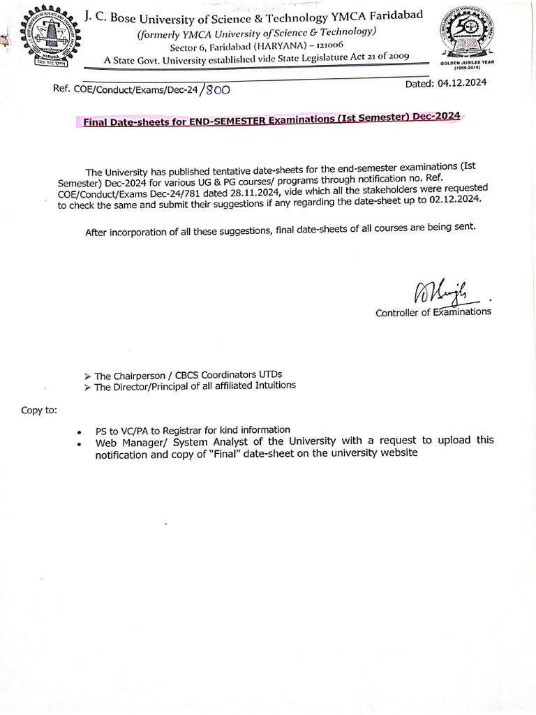 Final Date Sheet For End Semester Examination Ist Sem | PDF