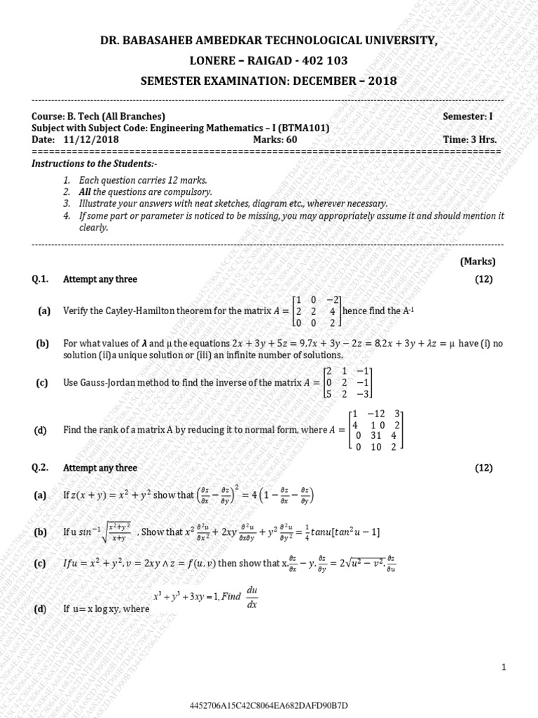 Btech 1 Year Engineering Mathematics 1 Btma101 Dec 2018 | PDF ...