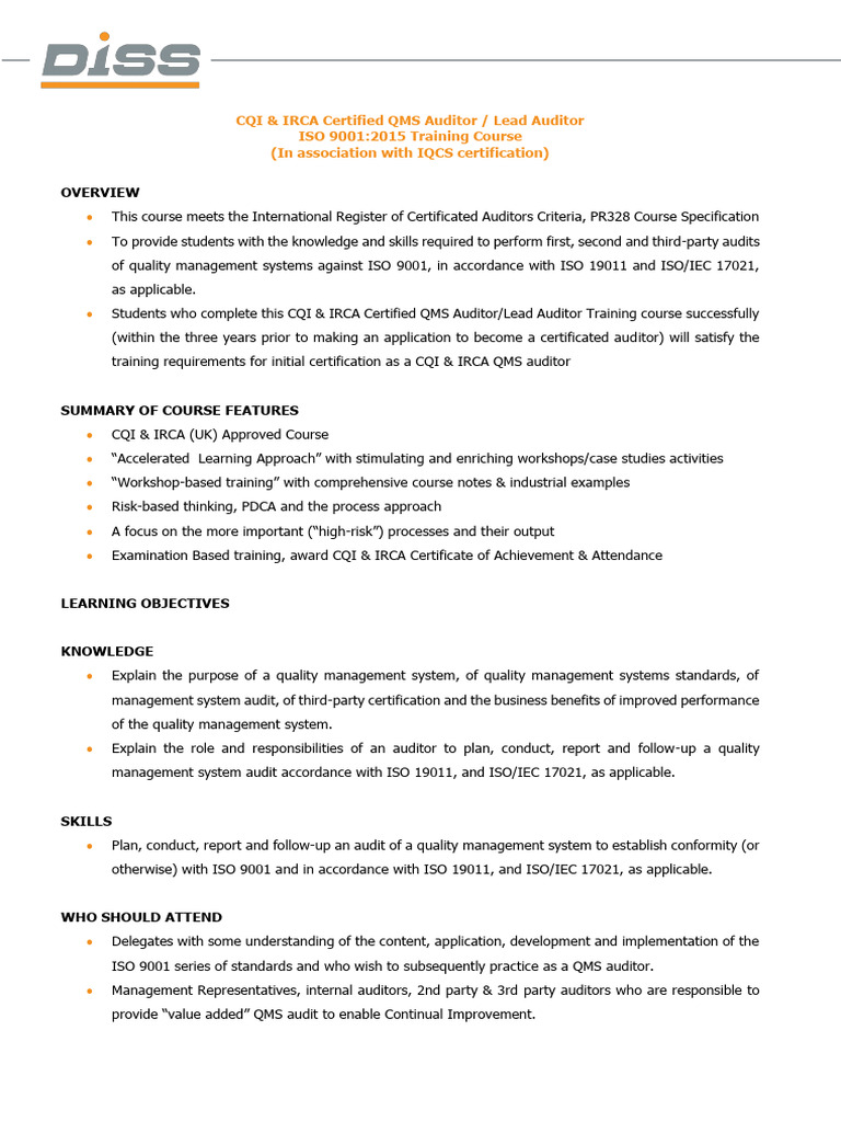 001.ISO 9001 2015 QMS Lead Auditor Course Outline IQCS | PDF | Audit ...