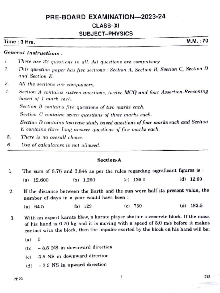 Phy Pre Board Paper | PDF | Force | Frequency