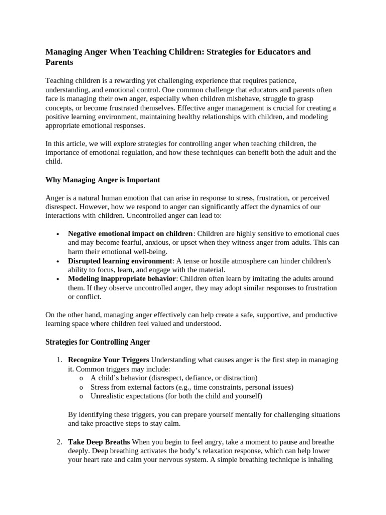 Managing Anger When Teaching Children | PDF | Anger | Learning