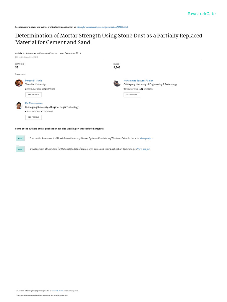 Determination Of Mortar Strength Using Stone Dust As A Partially Replaced Material For Cement