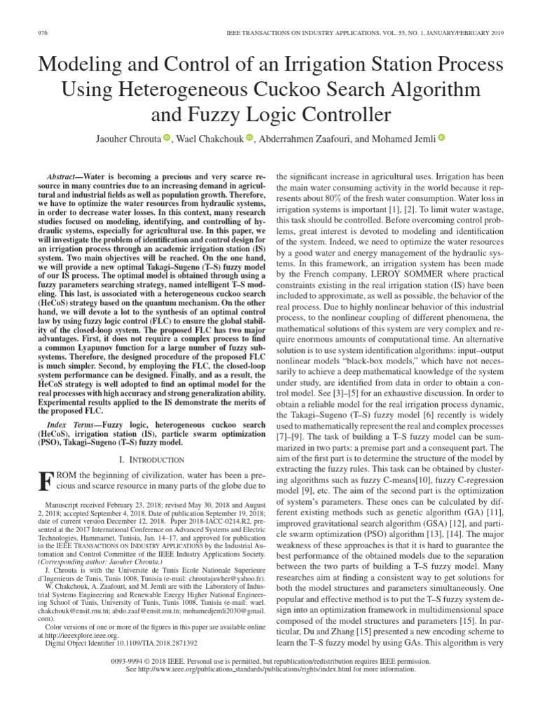 Modeling and Control of an Irrigation Station Process Using Heterogeneous Cuckoo Search ...