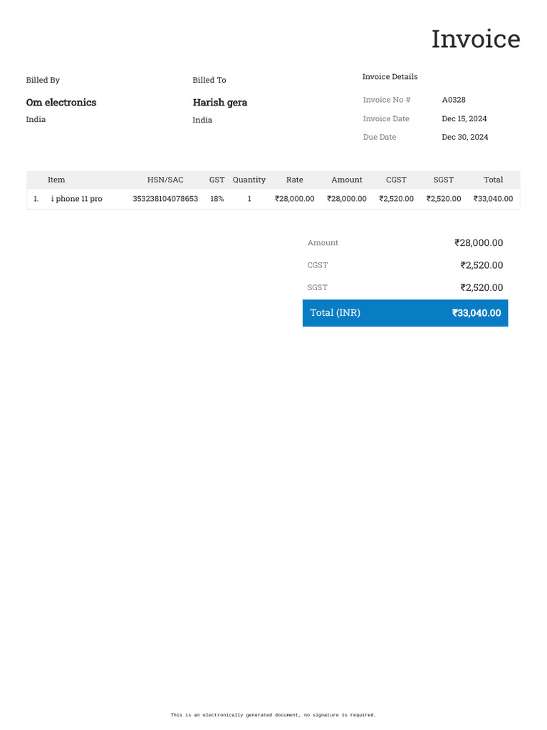 Invoice A0328 Om Electronics Harish Gera | PDF