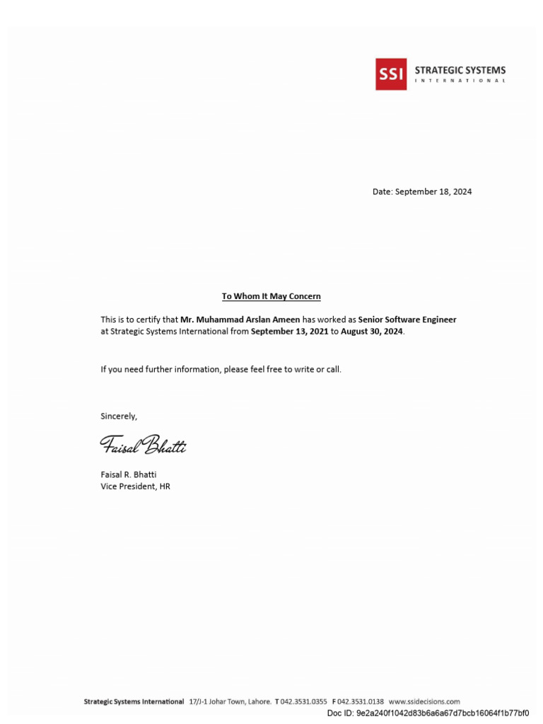 SSI Experience Letter - Muhammad Arslan Ameen | PDF