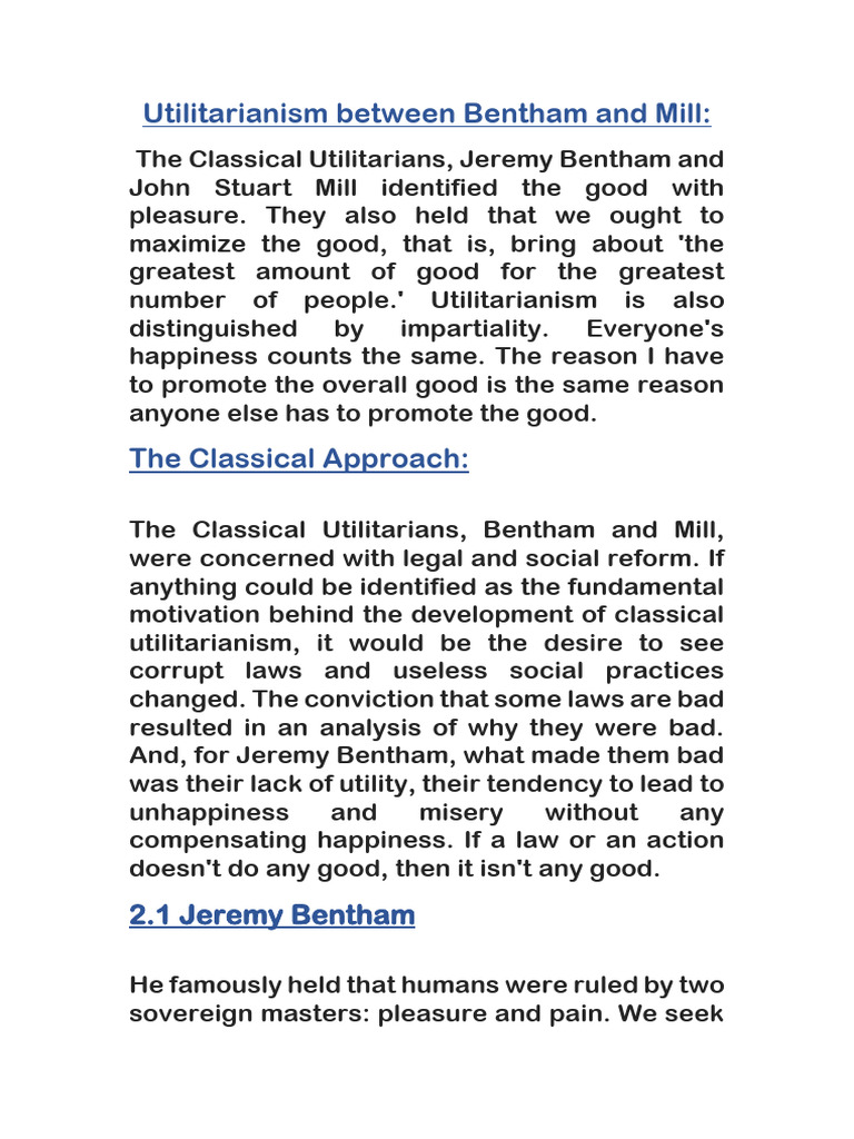 Bentham vs. Mill: Classical Utilitarianism | PDF | Utilitarianism ...
