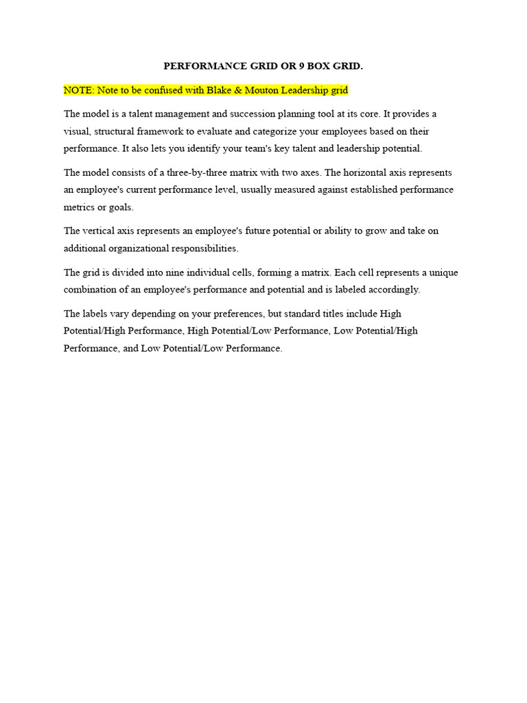PERFORMANCE GRID OR 9 BOX GRID | PDF | Business | Organizational Behavior
