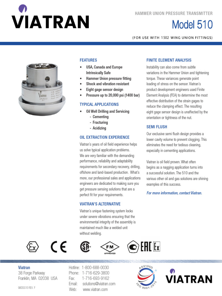 Model 510 Hammer Union Pressure Transmitter Datasheet 6 2 23 | PDF ...