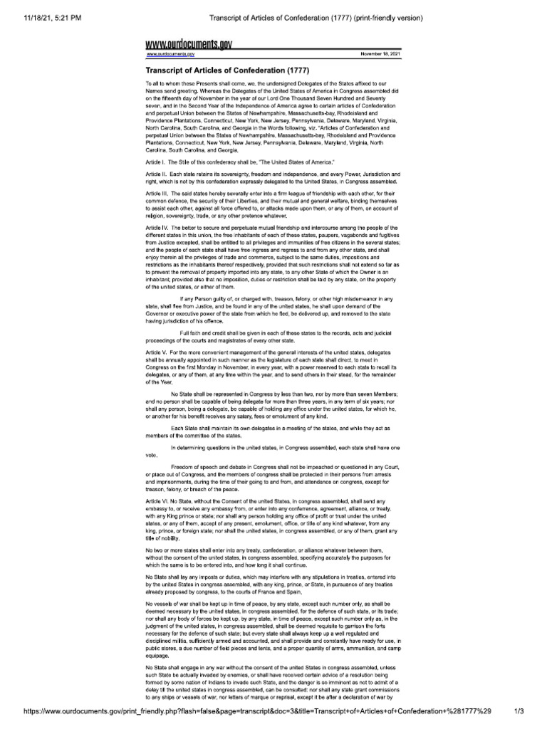 Transcript of Articles of Confederation (1777) | PDF Transcript of Articles of Confederation (1777) | PDF
