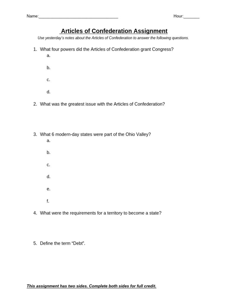 Articles of Confederation Assignment Guide | PDF