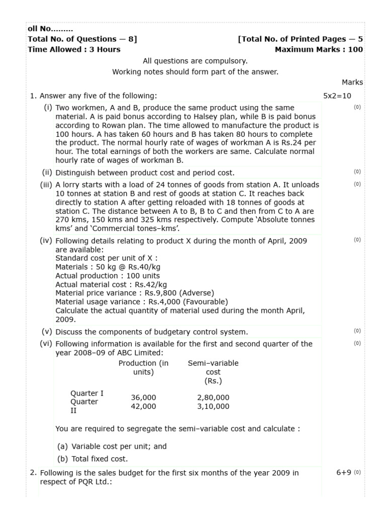 Cost Accounting Exam Questions and Budgets | PDF | Cost Of Capital ...