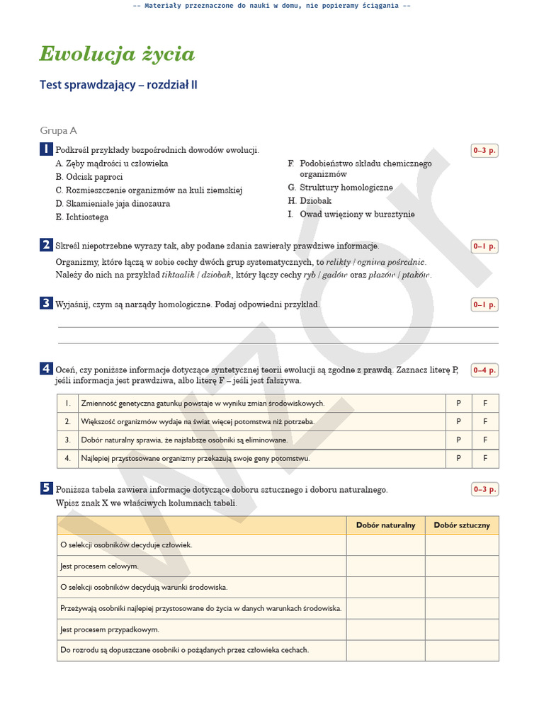 Biologia - Klasa 8 - Dział 2 - Sprawdzian | PDF