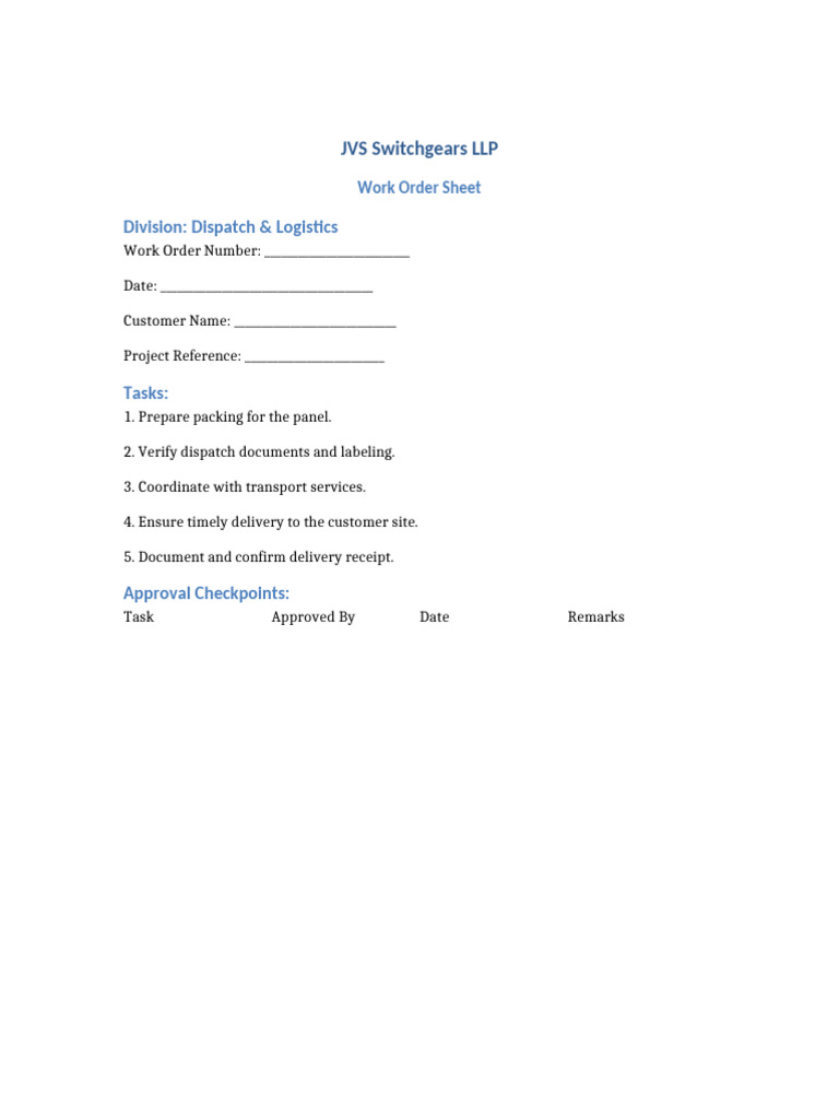 Dispatch & Logistics Work Order Sheet | PDF