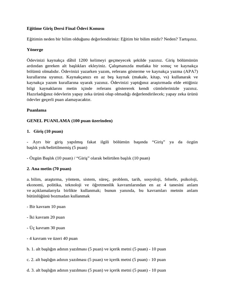 Eğitime Giriş Dersi Final ödevi Yönergesi Pdf