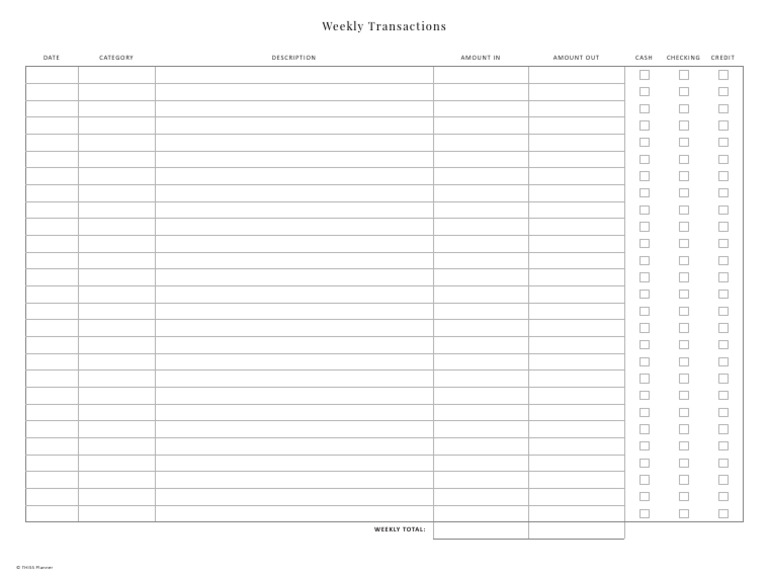 Weekly Transaction Page - Horizontal | PDF