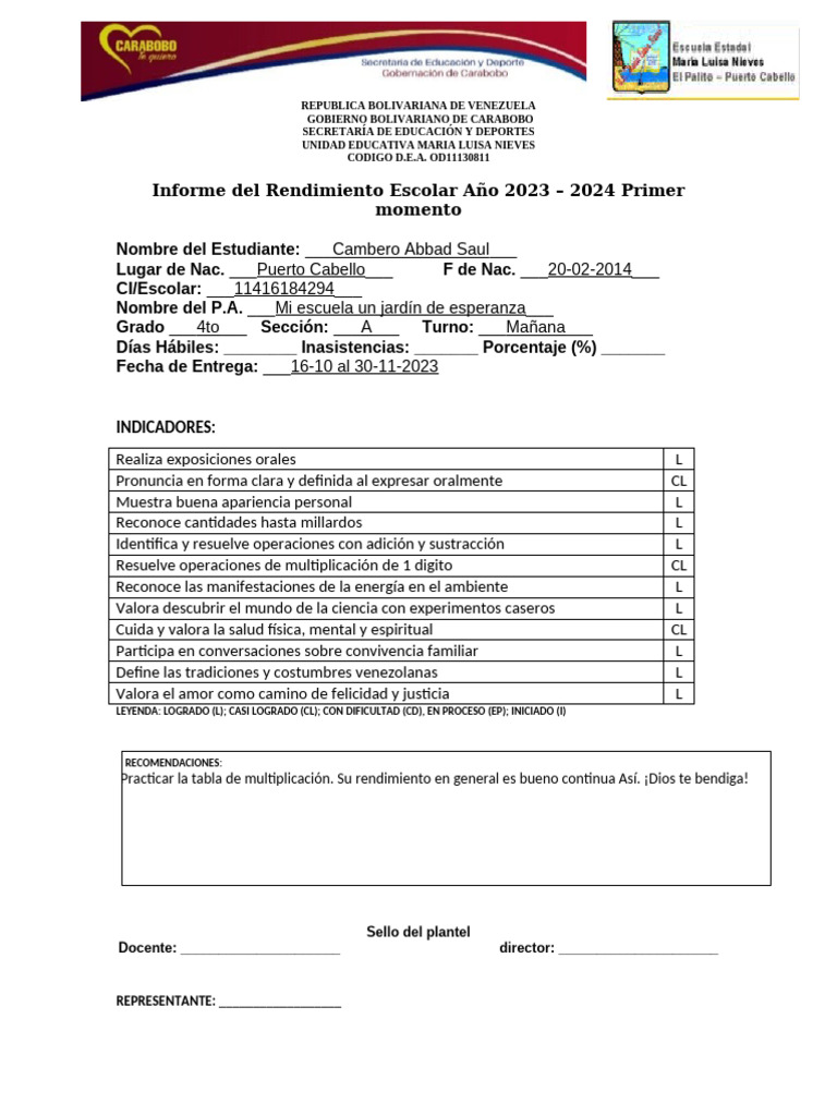 Boletas Prof 4to Grado A 2024-2025 - 100326 | PDF | Venezuela | Sustracción