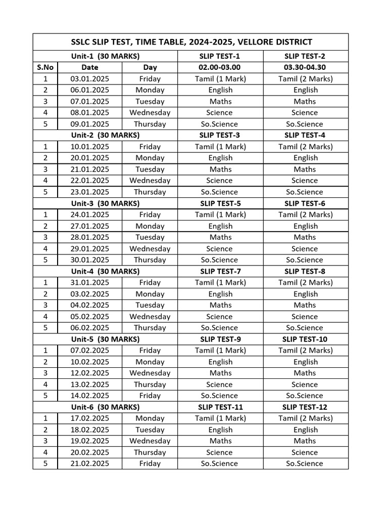 SSLC & HSC Slip Test Time Table, 2024-25 Revised | PDF | Engineering ...