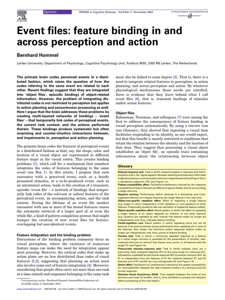 Event Files-Feature Binding in and Across Perception and Action | PDF ...