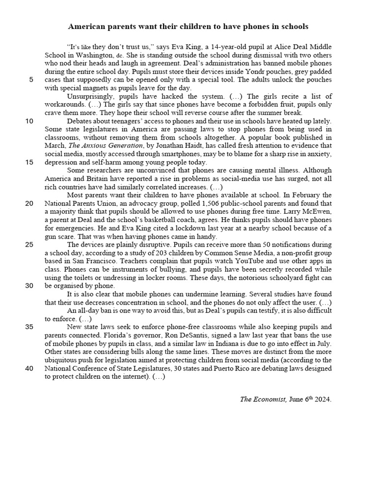 Parents Support Phones in Schools Debate | PDF